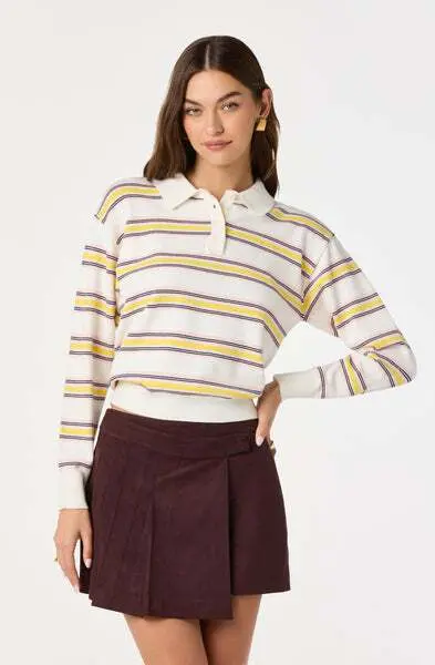 Astr The Label Polo Long Sleeve Striped Sweater - White Yellow Stripe