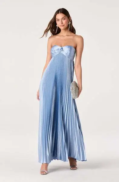 Astr The Label Plissé Strapless Maxi Gown - Blue