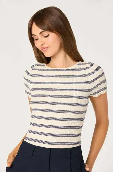 Astr The Label Nikola Striped Ribbed Scoop Back Sweater Top - Cream Navy Stripe