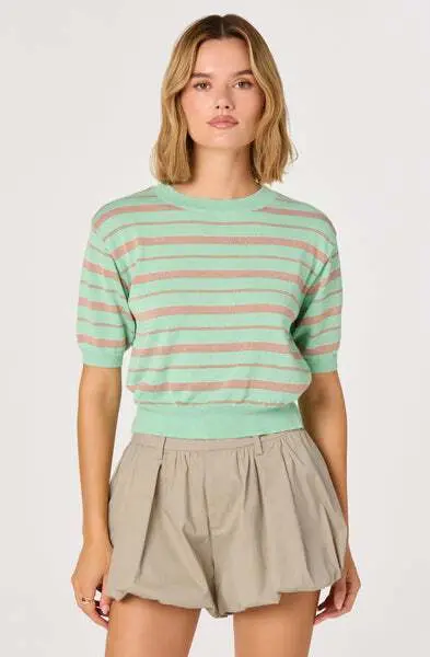 Astr The Label Colette Striped Knit Crew Neck Sweater - Green Stripe