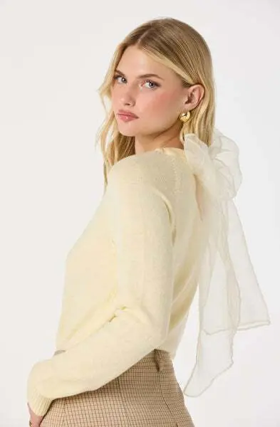 Astr The Label Tie-back Organza Bow Sweater - Cream