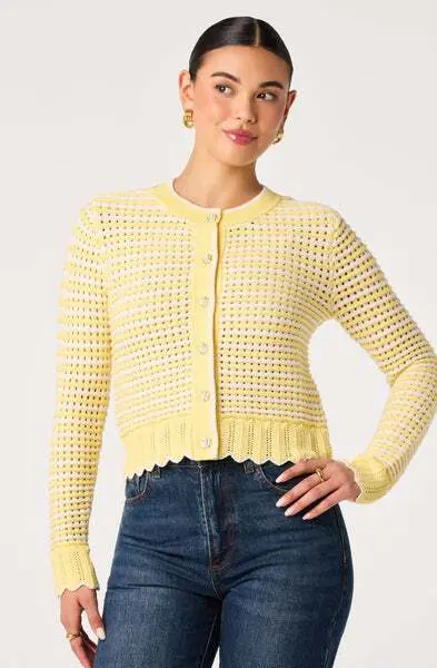 Astr The Label Karly Striped Open Knit Cardigan - Off White Yellow