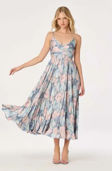 Astr The Label Maeve Floral Pleated Satin Midi Dress - Blue Multi Abstract