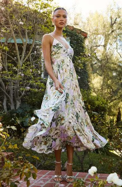 Astr The Label Maeve Floral Pleated Satin Midi Dress - Lavender Multi Fl