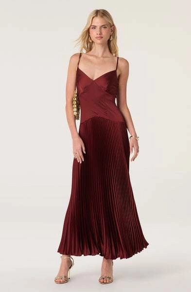 Astr The Label Pleated Drop Waist Midi Dress - Rust