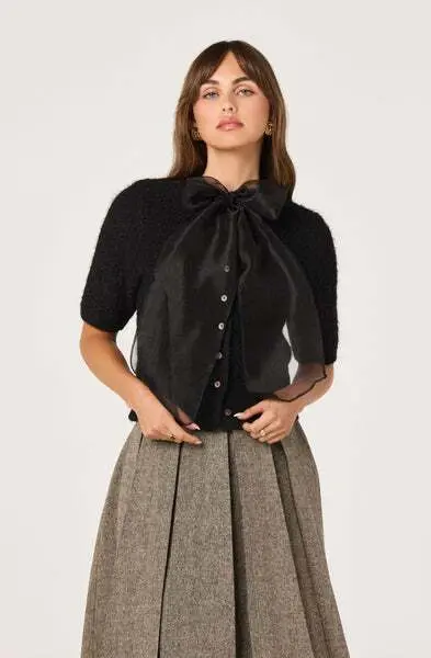 Astr The Label Organza Bow Short Sleeve Cardigan - Black