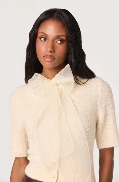 Astr The Label Organza Bow Short Sleeve Cardigan - Cream
