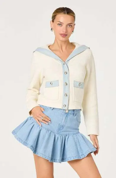 Astr The Label Briley Terry Knit Denim Trim Cardigan - Ivory