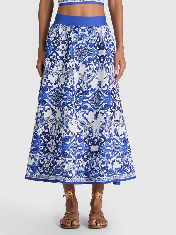 Alice + Olivia Earla Linen Blend Printed Midi Skirt