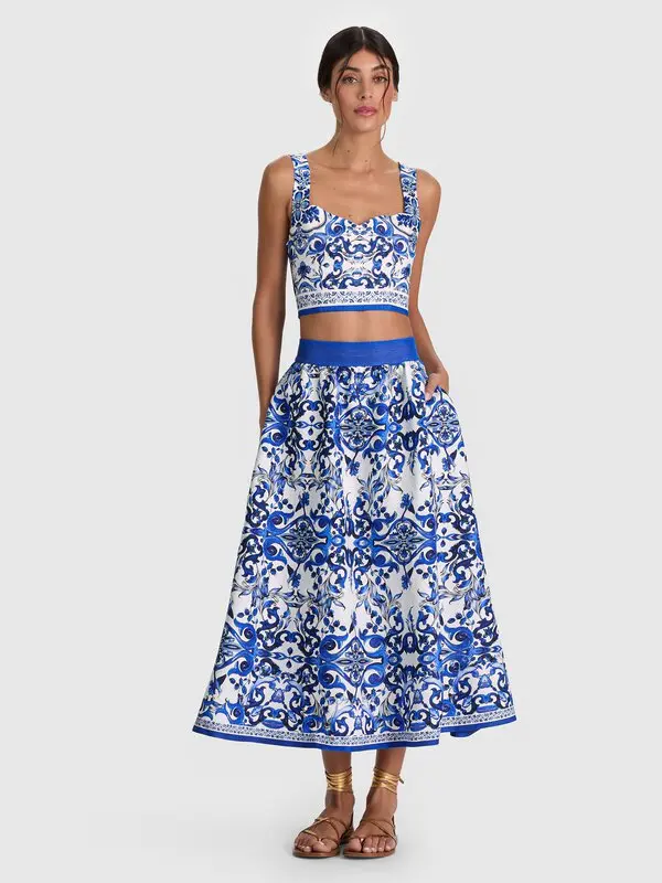 Alice + Olivia Earla Linen Blend Printed Midi Skirt