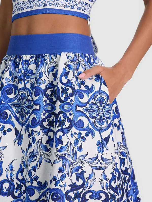 Alice + Olivia Earla Linen Blend Printed Midi Skirt