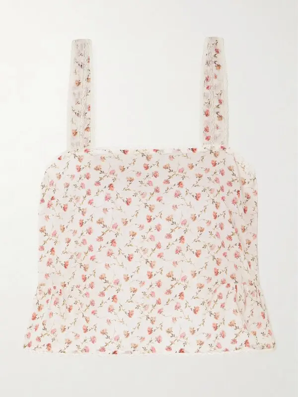 Posse Charlotte Lace-trimmed Floral-print Cotton Top - Pink