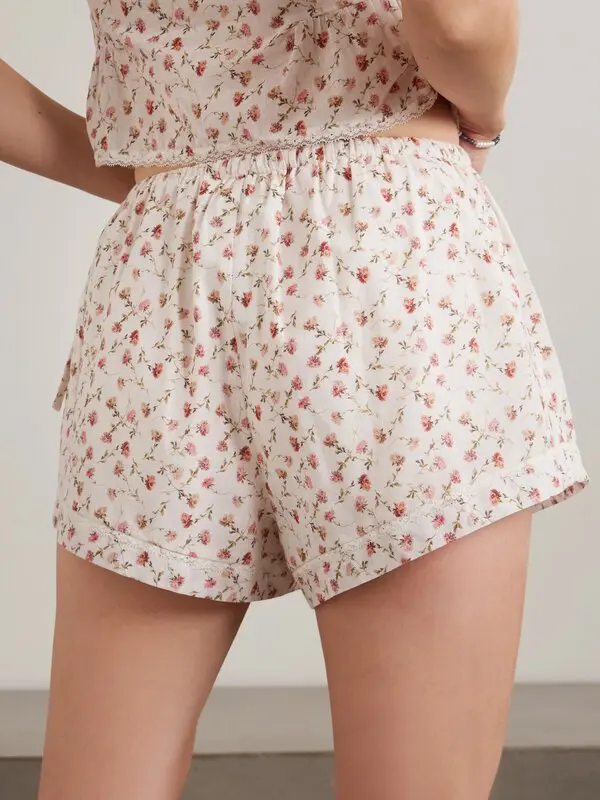 Posse Charlotte Lace-trimmed Floral-print Cotton Shorts - White