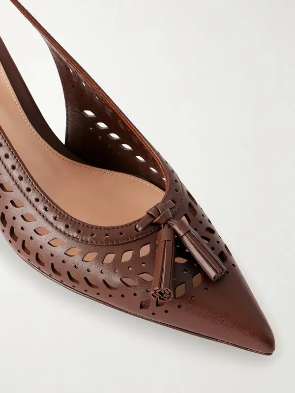 GIANVITO ROSSI 55 Laser-cut Leather Kitten Heel Slingback Pumps - Brown
