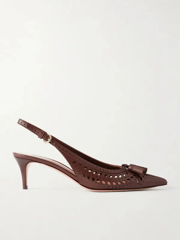 GIANVITO ROSSI 55 Laser-cut Leather Kitten Heel Slingback Pumps - Brown