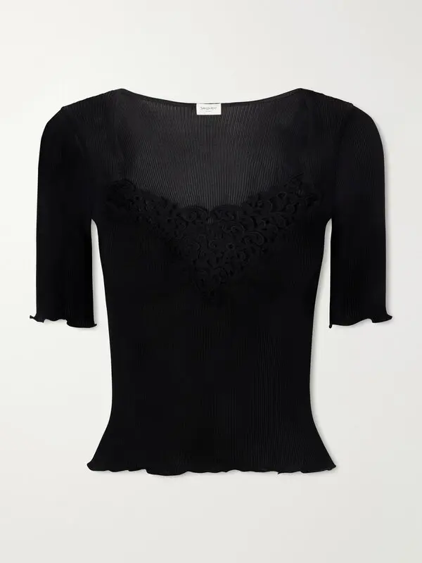 Saint Laurent Guipure Lace-trimmed Ribbed Silk T-shirt - Black