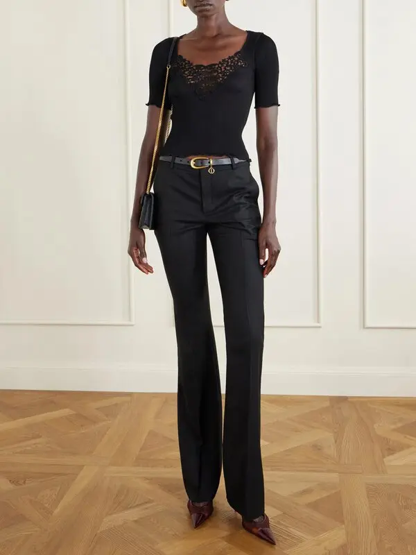 Saint Laurent Guipure Lace-trimmed Ribbed Silk T-shirt - Black