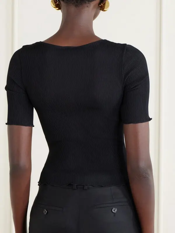 Saint Laurent Guipure Lace-trimmed Ribbed Silk T-shirt - Black