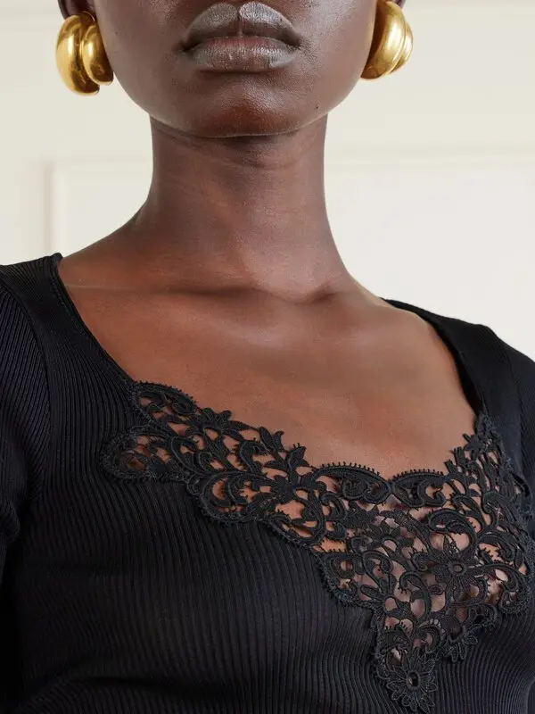 Saint Laurent Guipure Lace-trimmed Ribbed Silk T-shirt - Black