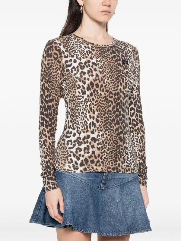GANNI Organic Cotton Ribbed Leopard Print Long Sleeve T-shirt - Multicolor
