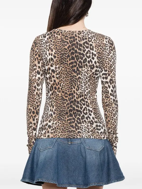 GANNI Organic Cotton Ribbed Leopard Print Long Sleeve T-shirt - Multicolor