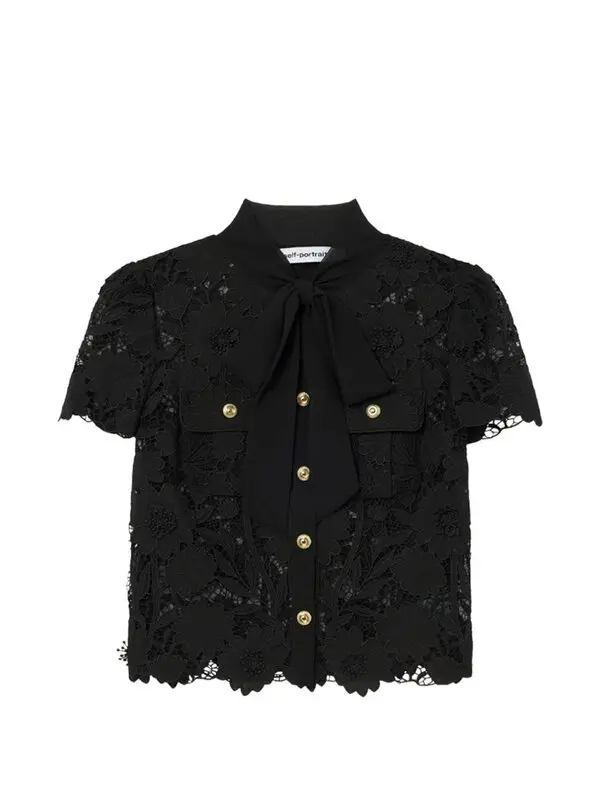 SELF-PORTRAIT Black Lace Tie Neck Top - Multicolor