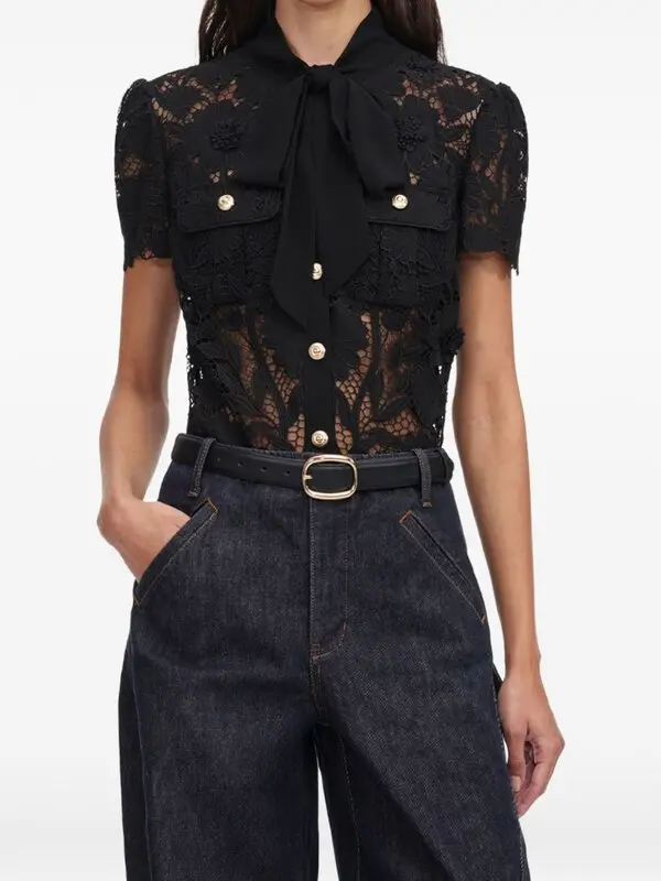 SELF-PORTRAIT Black Lace Tie Neck Top - Multicolor