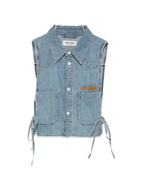 Miu Miu Denim Logo Embroidery Cropped Shirt