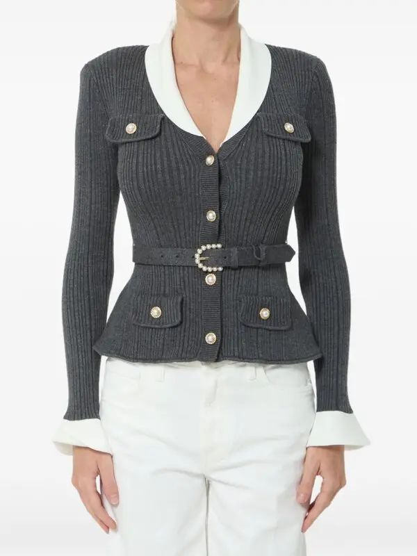 SELF-PORTRAIT Belted Ribbed Cardigan - Multicolor