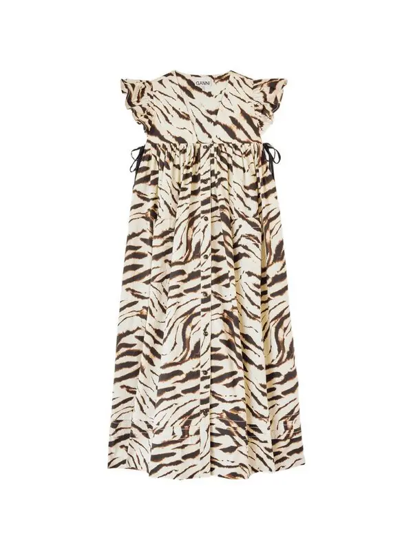 GANNI Tiger Print V-neck Midi Dress With Ruffled Cap Sleeves - Multicolor