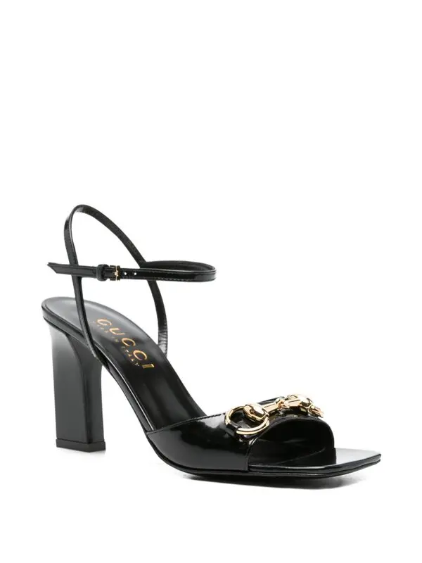 Gucci Black Patent Horsebit Detail Block Heel Sandals - Multicolor