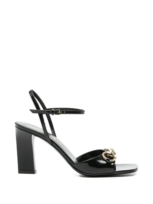 Gucci Black Patent Horsebit Detail Block Heel Sandals - Multicolor