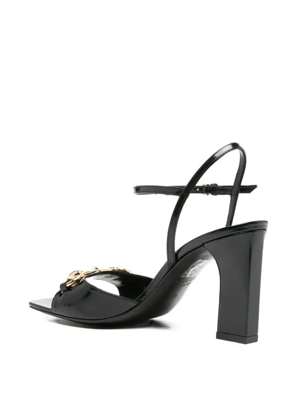 Gucci Black Patent Horsebit Detail Block Heel Sandals - Multicolor