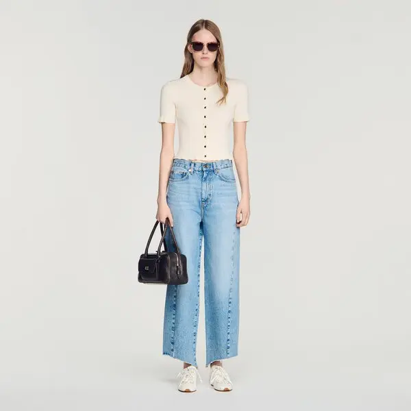 Sandro Ribbed Knit Shirt With Ruffled Details