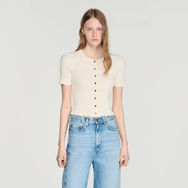 Sandro Ribbed Knit Shirt With Ruffled Details