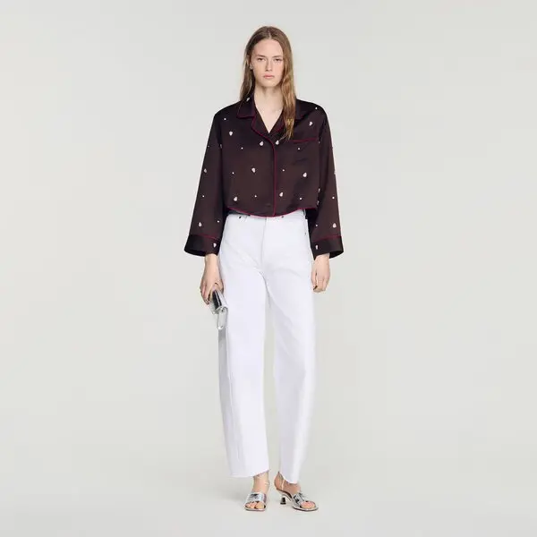 Sandro Pyjama-style Shirt With Pearl And Rhinestone Embellishments - Brown