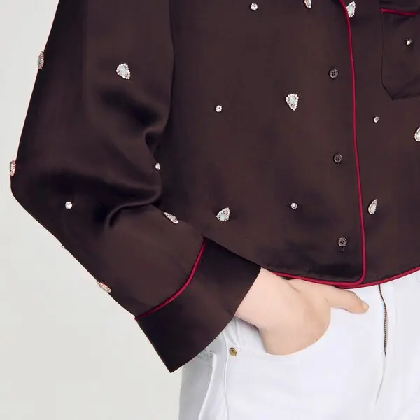 Sandro Pyjama-style Shirt With Pearl And Rhinestone Embellishments