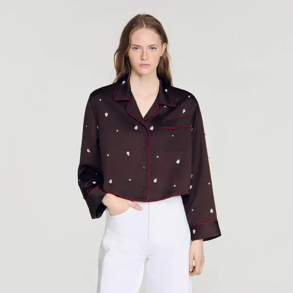 Sandro Pyjama-style Shirt With Pearl And Rhinestone Embellishments