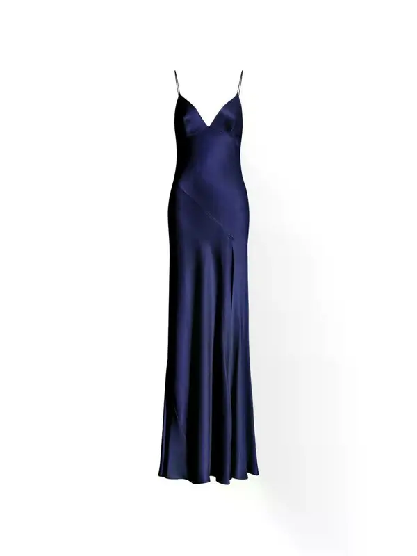 Alberta Ferretti Navy Satin Slit Gown - Blue