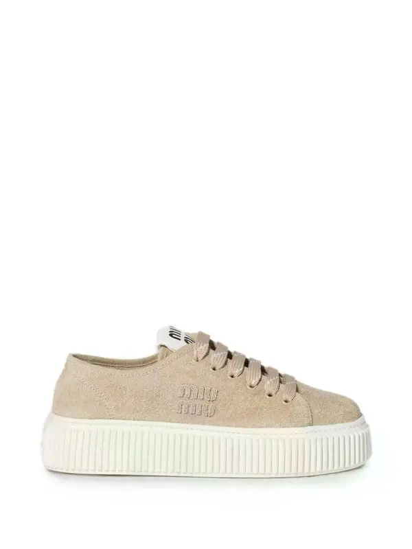 Miu Miu Suede Sneakers With Embroidered Logo And Flatform Sole - Neutrals