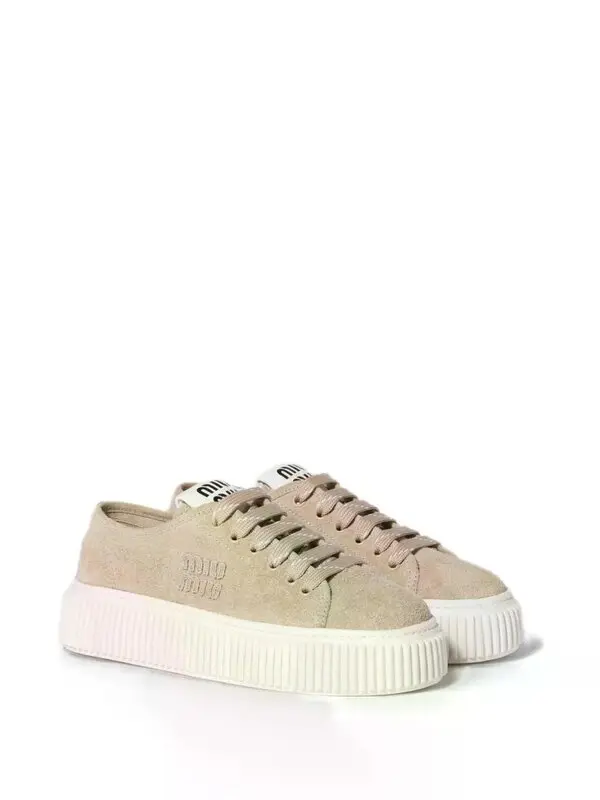 Miu Miu Suede Sneakers With Embroidered Logo And Flatform Sole - Neutrals