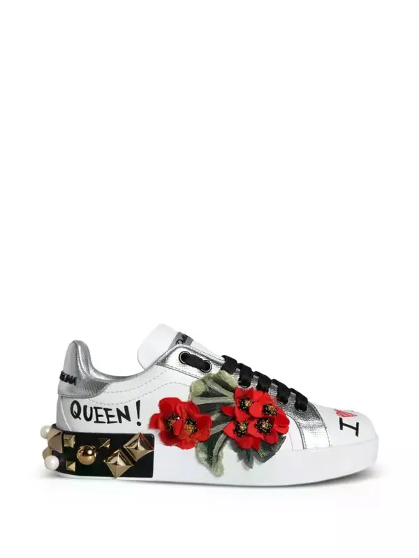 Dolce & Gabbana Floral Embellished Studded Leather Sneakers