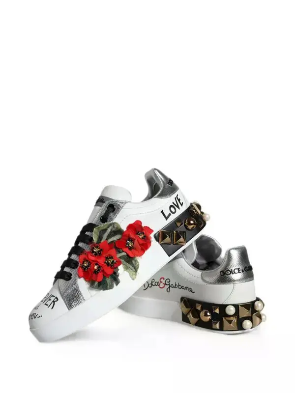 Dolce & Gabbana Floral Embellished Studded Leather Sneakers