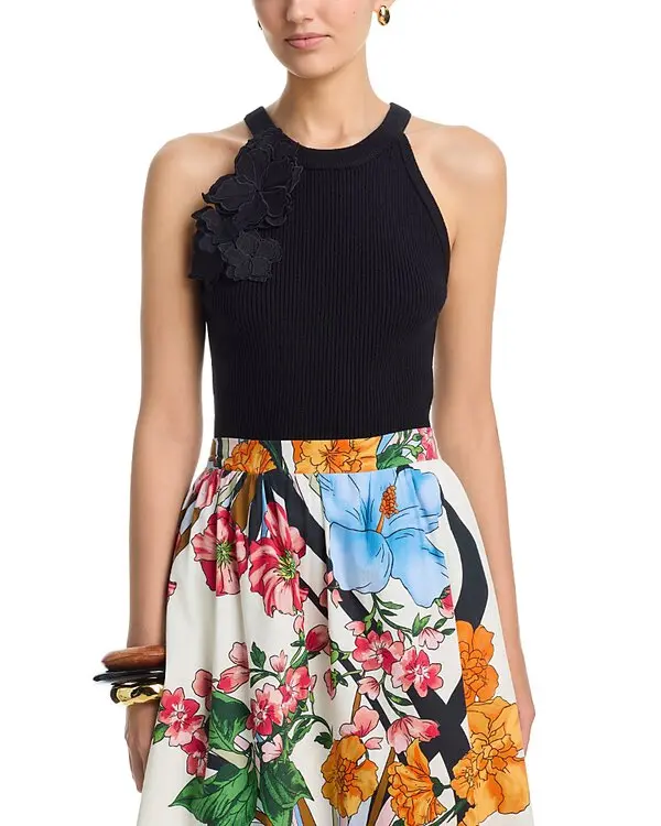 T Tahari Floral Detail Ribbed Knit Tank