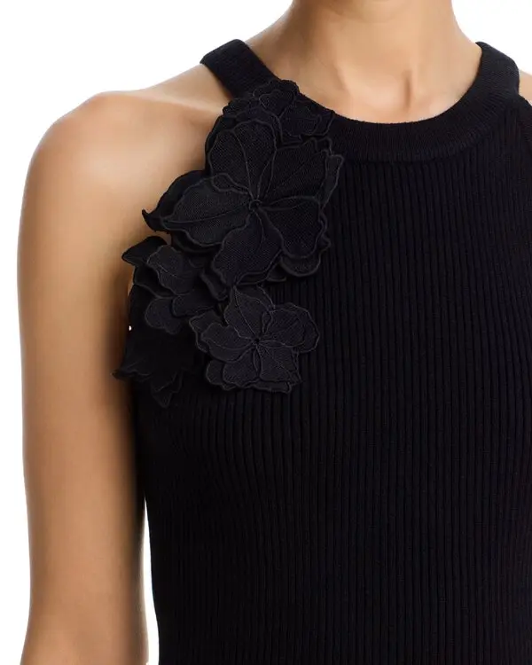 T Tahari Floral Detail Ribbed Knit Tank