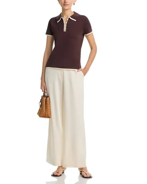 T Tahari Short Sleeve Polo Sweater With Contrast Trim - Cocoa Bean