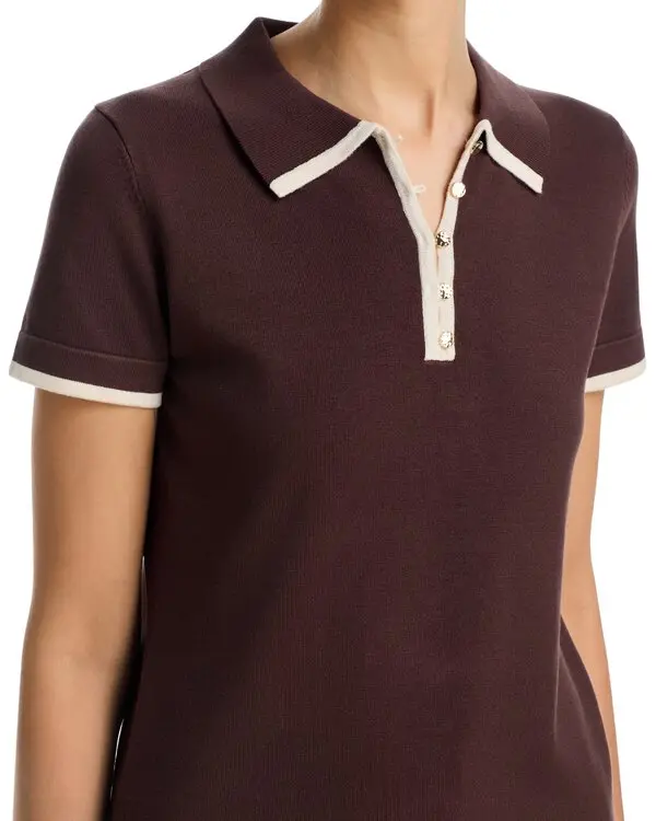 T Tahari Short Sleeve Polo Sweater With Contrast Trim - Cocoa Bean