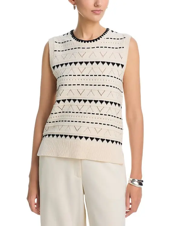 T Tahari Pointelle Knit Sleeveless Sweater - Cream/black