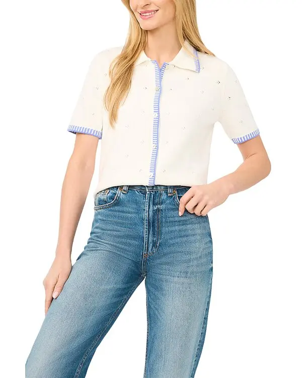 CECE DUPRAZ Pointelle Short Sleeve Collared Cardigan - Antique White