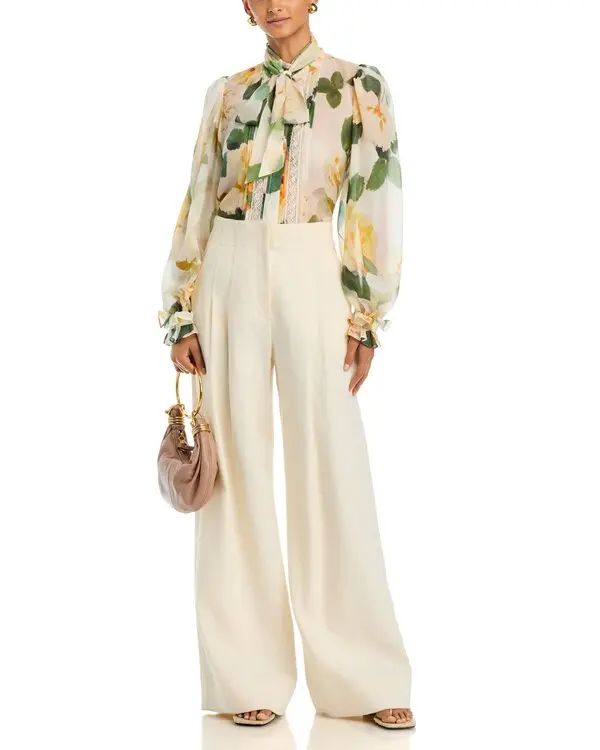 UNGARO Odessa Floral Blouse With Pussy Bow And Lace Trim